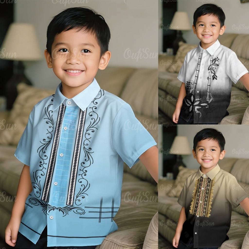 Filipino Kids Barong Tagalog Short Sleeve Traditional Bamboo Embroidery ...