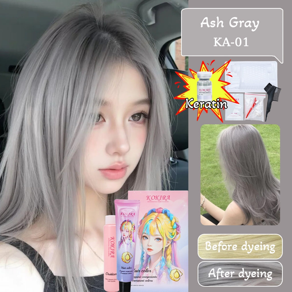 KOKIRA Ash Gray Hair color【100ml Hair Dye+100ml Oxidizer + 8ml Keratin repair essential oil ...