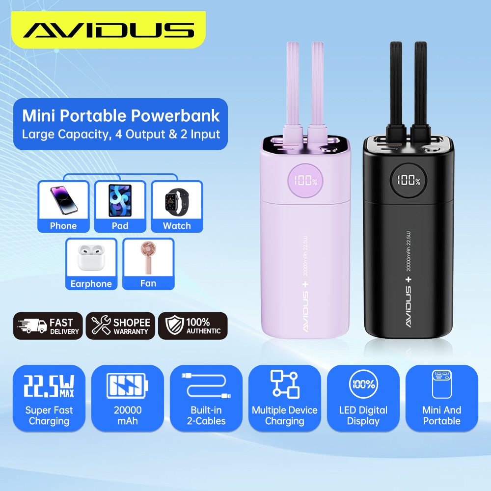 AVIDUS SU20 20000mAh 22.5W Built-in Cable Powerbank 3 Out 2 In Type-C ...