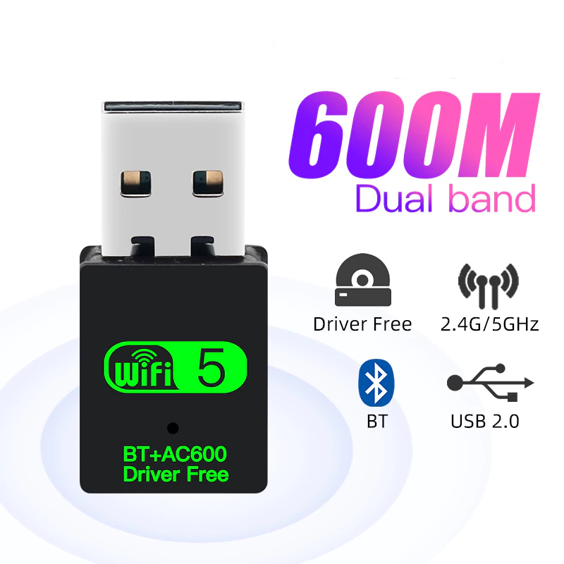600Mbps USB WiFi 5 Bluetooth Adapter 2 in 1 Dual Band 2.4G 5GHz Network ...