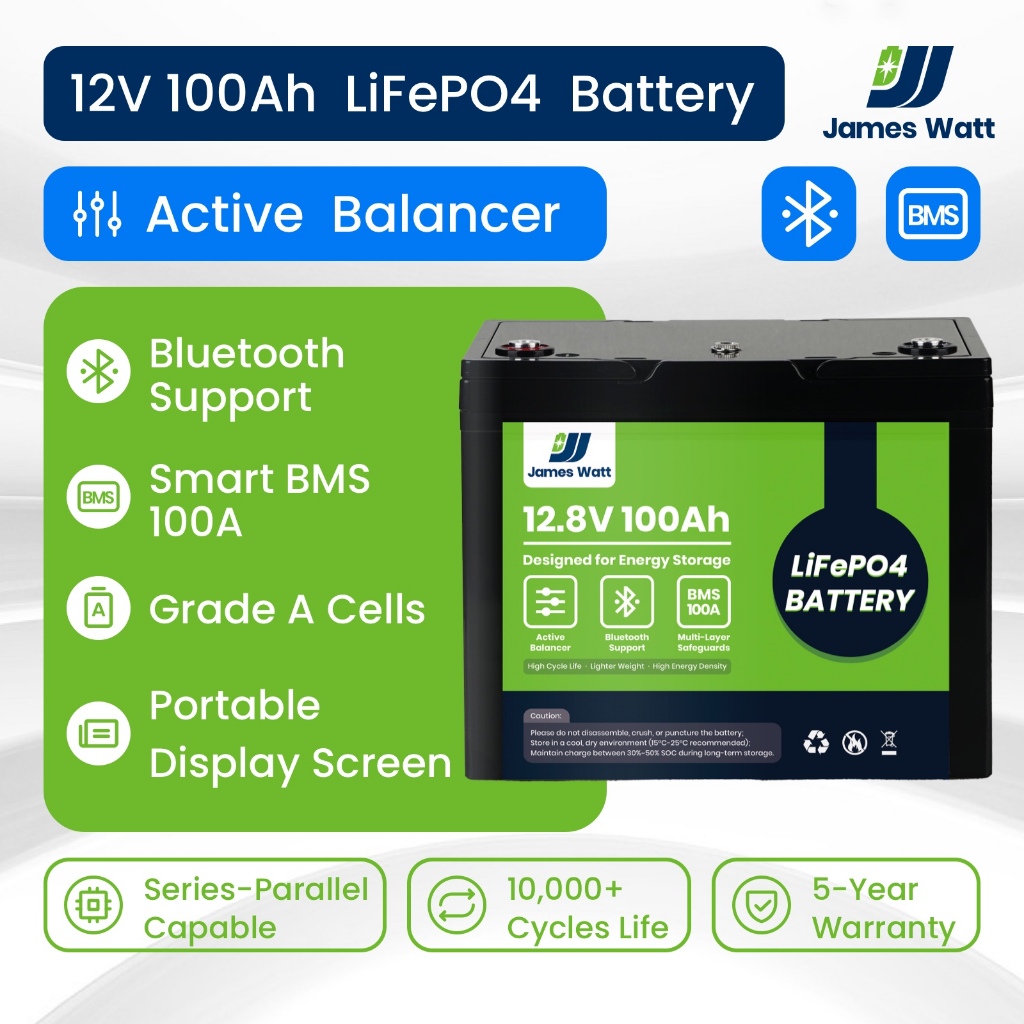 James Watt 12V LiFePO4 Battery with Active Balancer 100Ah/300Ah Lithium ...