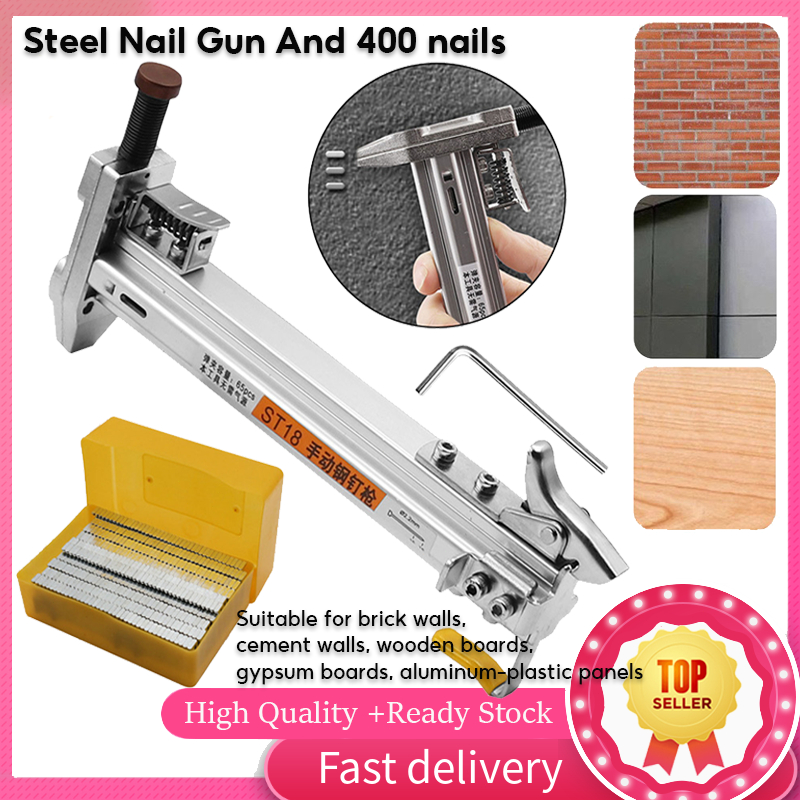 【In Stock】Steel Nail Gun And 400 nails Manual Nailer Power Tool Cement ...