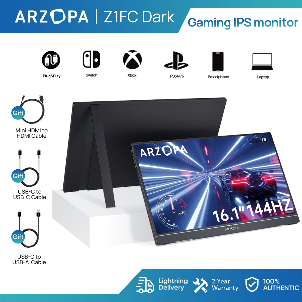 ARZOPA-Z1FC, 16.1'' 144Hz Portable Gaming Monitor, 100% sRGB, 1080P HDR ...