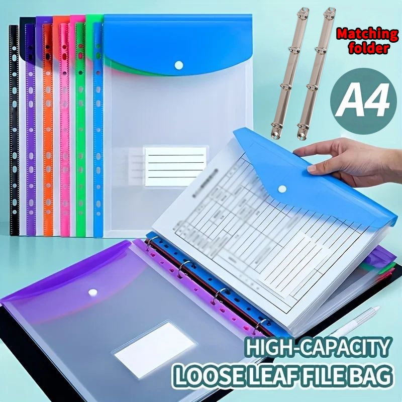 6 Pcs A4 High-Capacity Loose-Leaf File Bags with 11-Hole Binding Rings ...