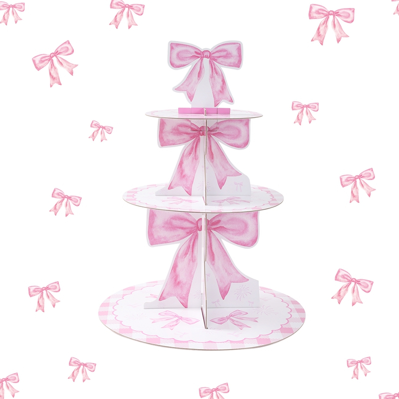 3 Tier Pink Bow Cupcake Stand Coquette Bow Theme Dessert Cardboard ...