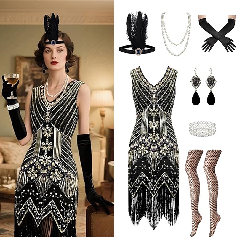 7pcs/set 1920s Great Gatsby Dresses for Women Set, Roaring 20s Flapper ...