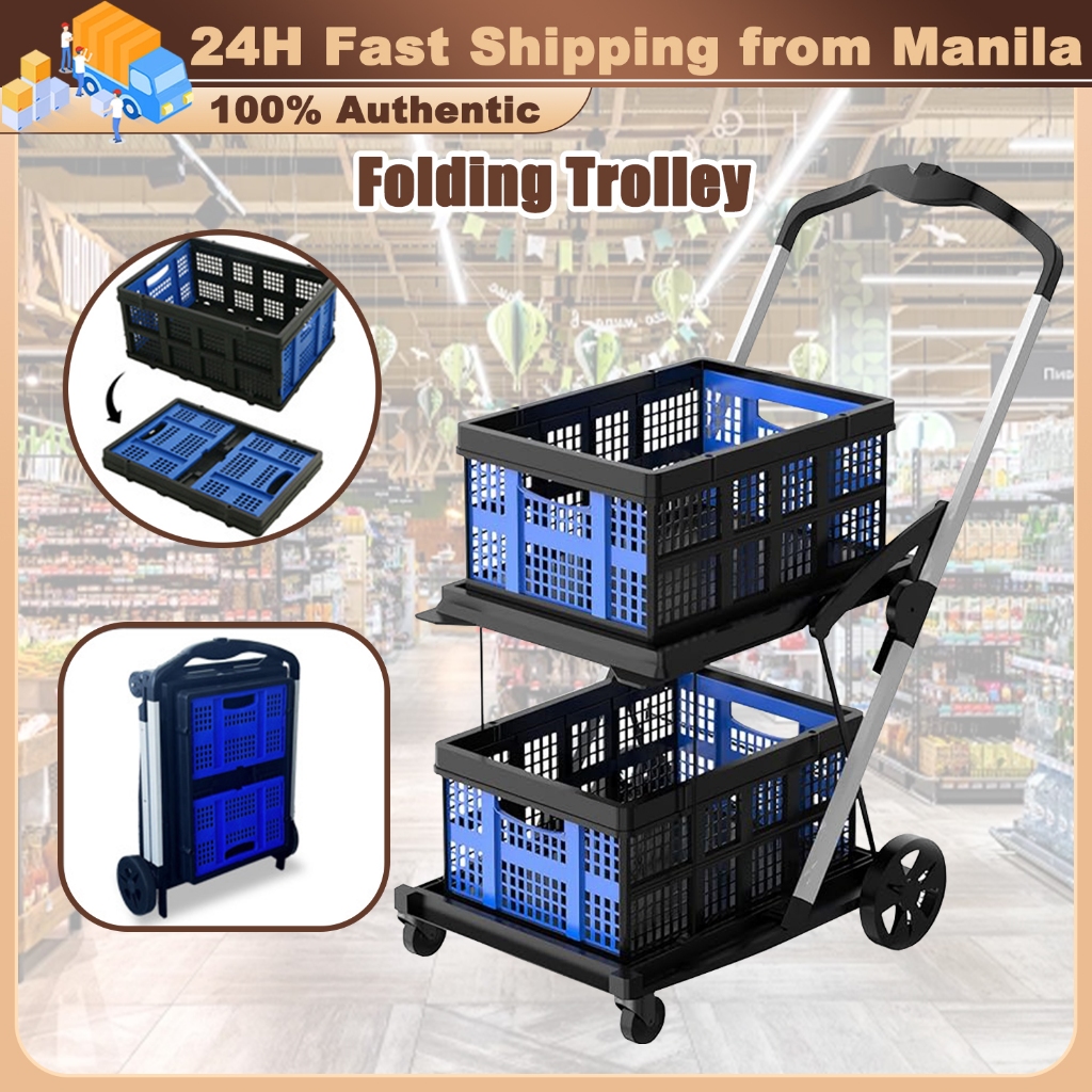 Folding Shopping Cart with Storage Box 2 Layers with Brakes Courier ...
