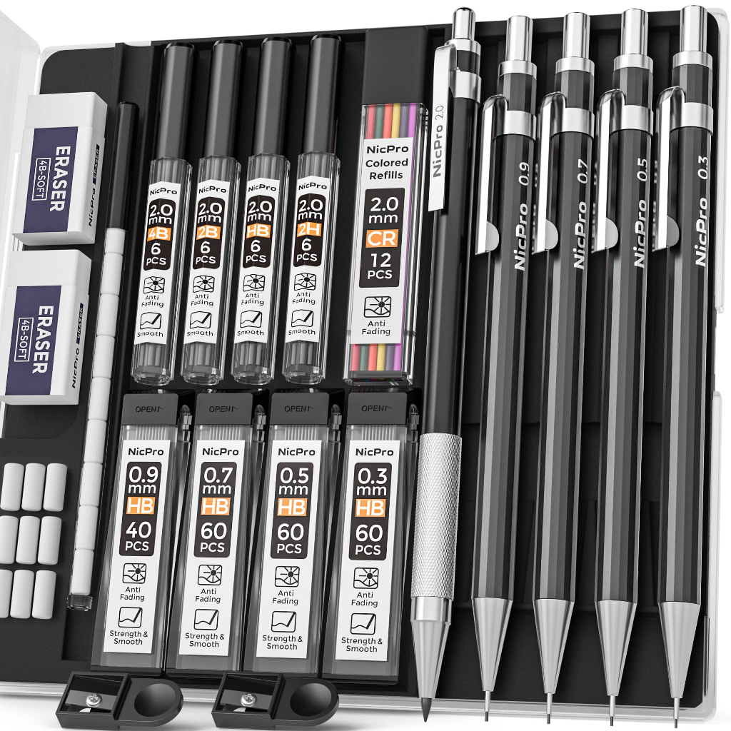 Nicpro Black Art Mechanical Pencil Set in Case, Metal Drafting Pencils ...