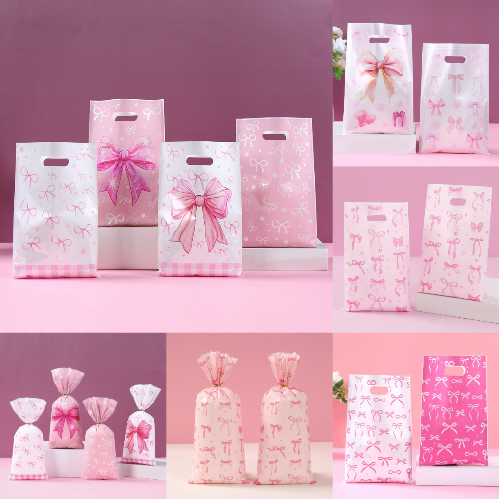 50Pcs Pink Bow Mixed Loot Bag Cute Coquette Bow Plastic Gift Bag Girl ...