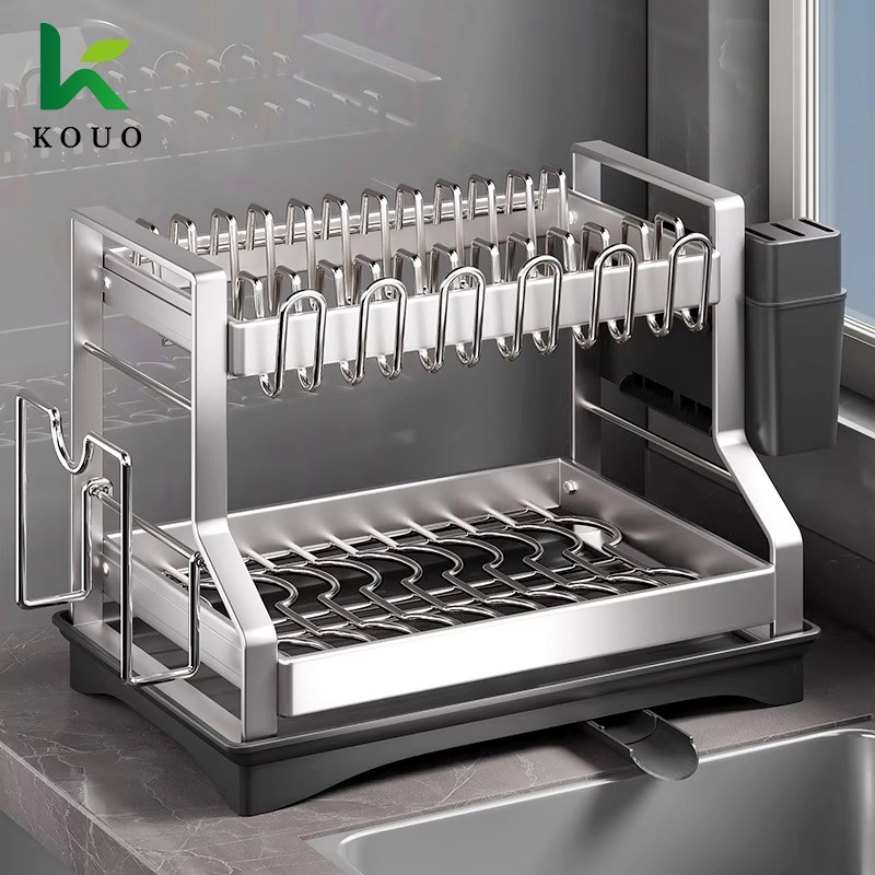 KOUO Dish Rack Drainer with Utensil Holder Plate Organizer Stainless ...