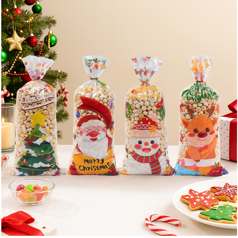50pcs Transparent Merry Christmas Loot Bags Santa Claus Candy Bag Xmas ...