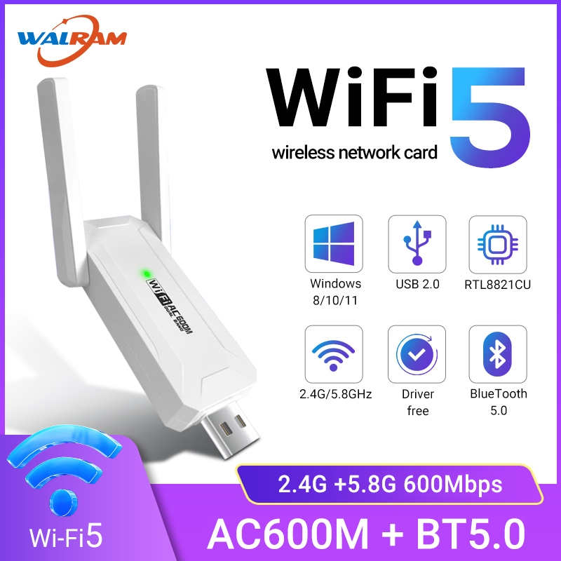Walram USB WiFi Dongle 600Mbps BT5.0 Dual-band 2.4G 5G WiFi Adapter ...