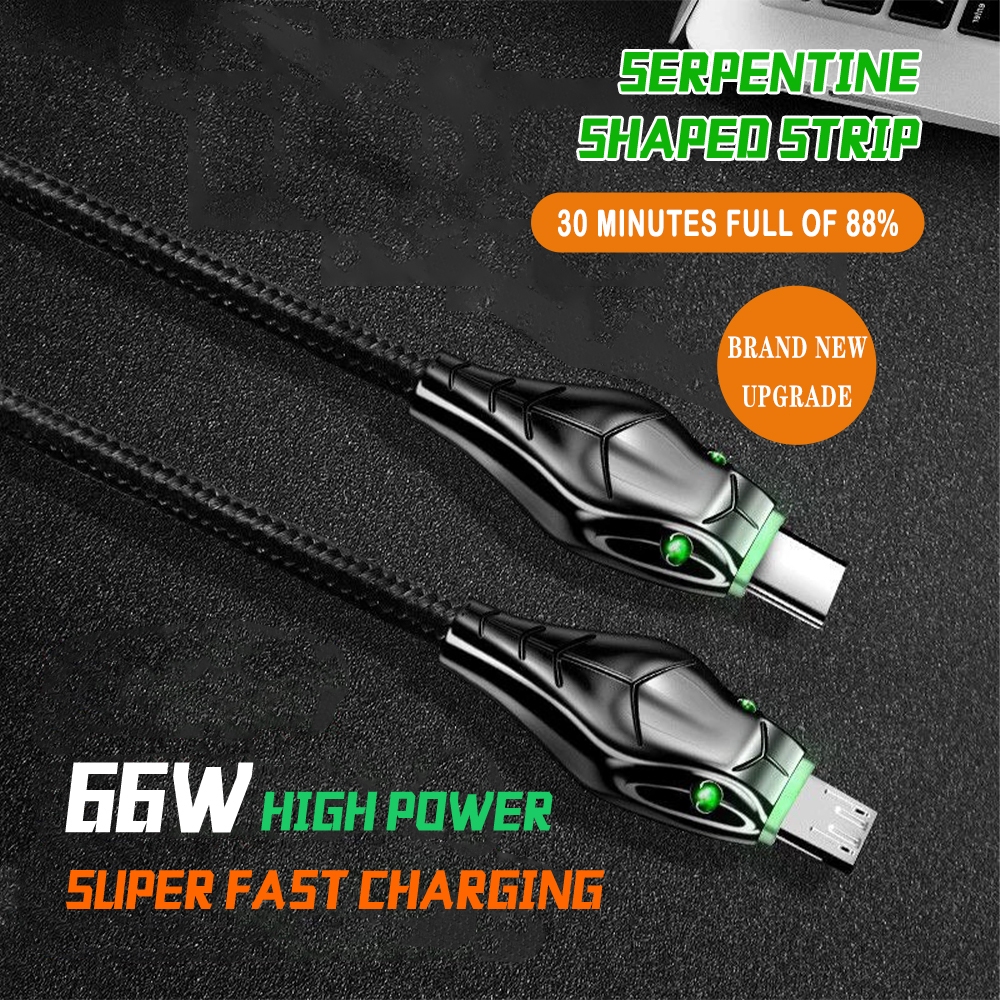 NEW 66W 5A Super Fast Charging Zinc Alloy Snake Head 1 2m with Light ...