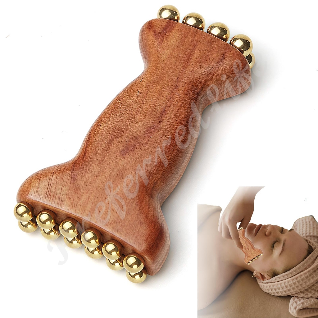 Brass Facial Massage Roller – 20-Bead Solid Metal & Rosewood Face Tool ...