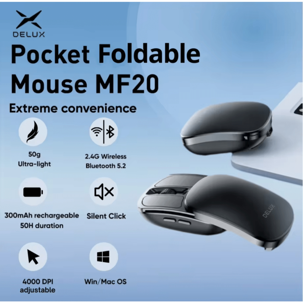 Delux MF20 Wireless Folding Mouse Ultralight 50g Portable Silent Click ...
