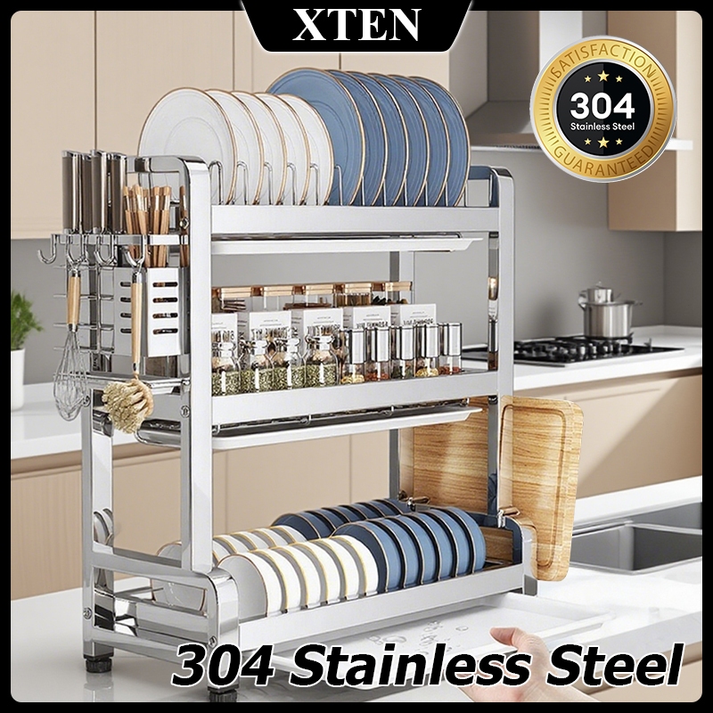 XTEN Stainless Steel Heavy Duty Dish Rack with Drain Tray Kitchen Plate ...