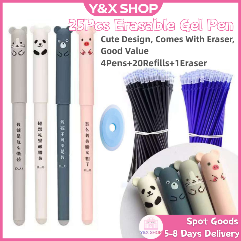 Y&X 25Pcs Cute Bear Erasable Gel Pen 0.5mm Black/Blue Cartoon Erasable ...