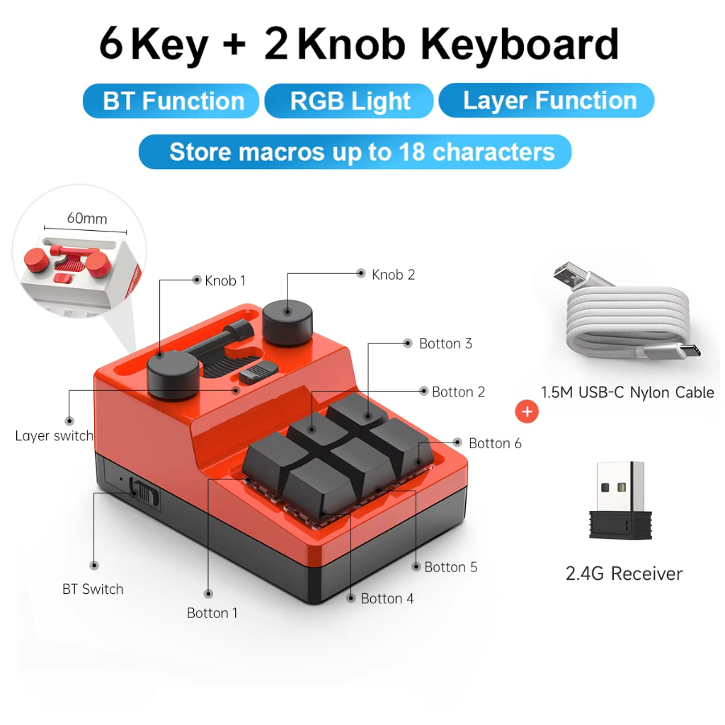 2.4G Wireless Macropad Custom Hotkeys 6 Key Knob Mini USB-C RGB ...