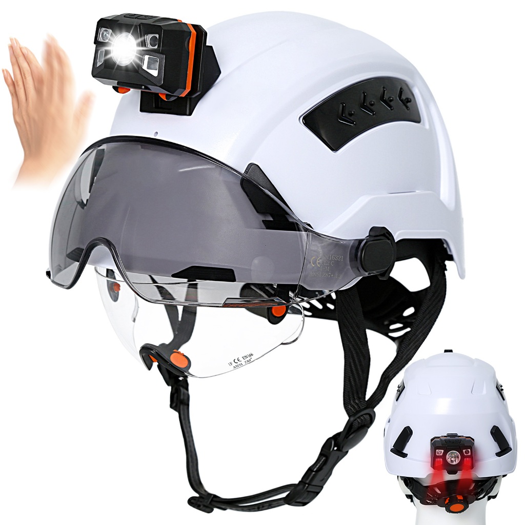AOLAMEGS Safety Helmet With Double Goggles And Induction Headlight ...