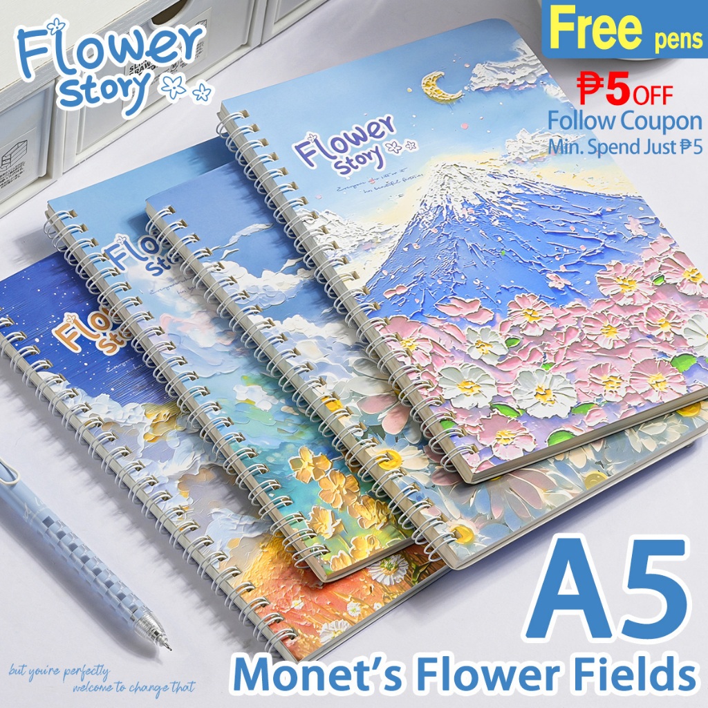 A5 Coil Notebook With Free Pens Monet's Flower Fields Style Notebooks ...