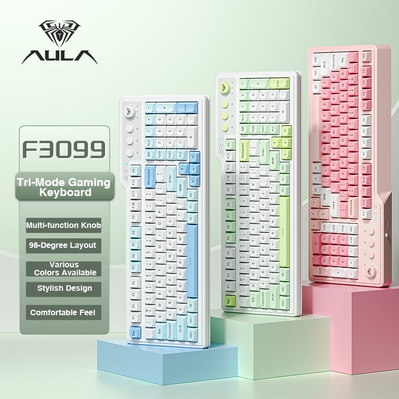 AULA F3099 Membrane Keyboard 99 Keys Tri-mode RGB Multi-function Roller ...