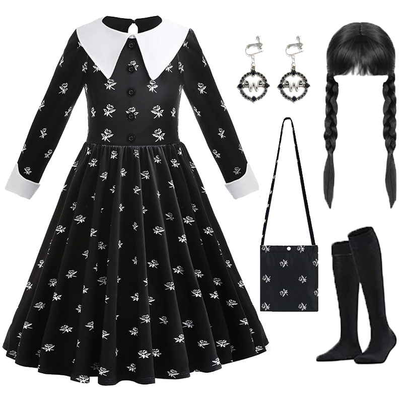 Kids Gothic Cosplay Costume Girls Black Dress With White Floral Pattern ...