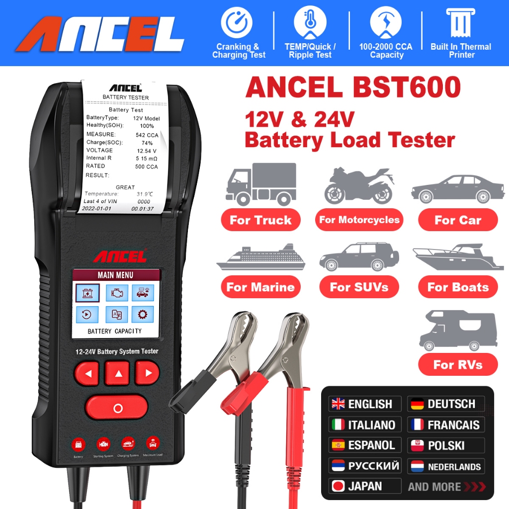 Ancel BST600 12V/24V Car Heavy Duty Truck Battery Tester with Printer ...