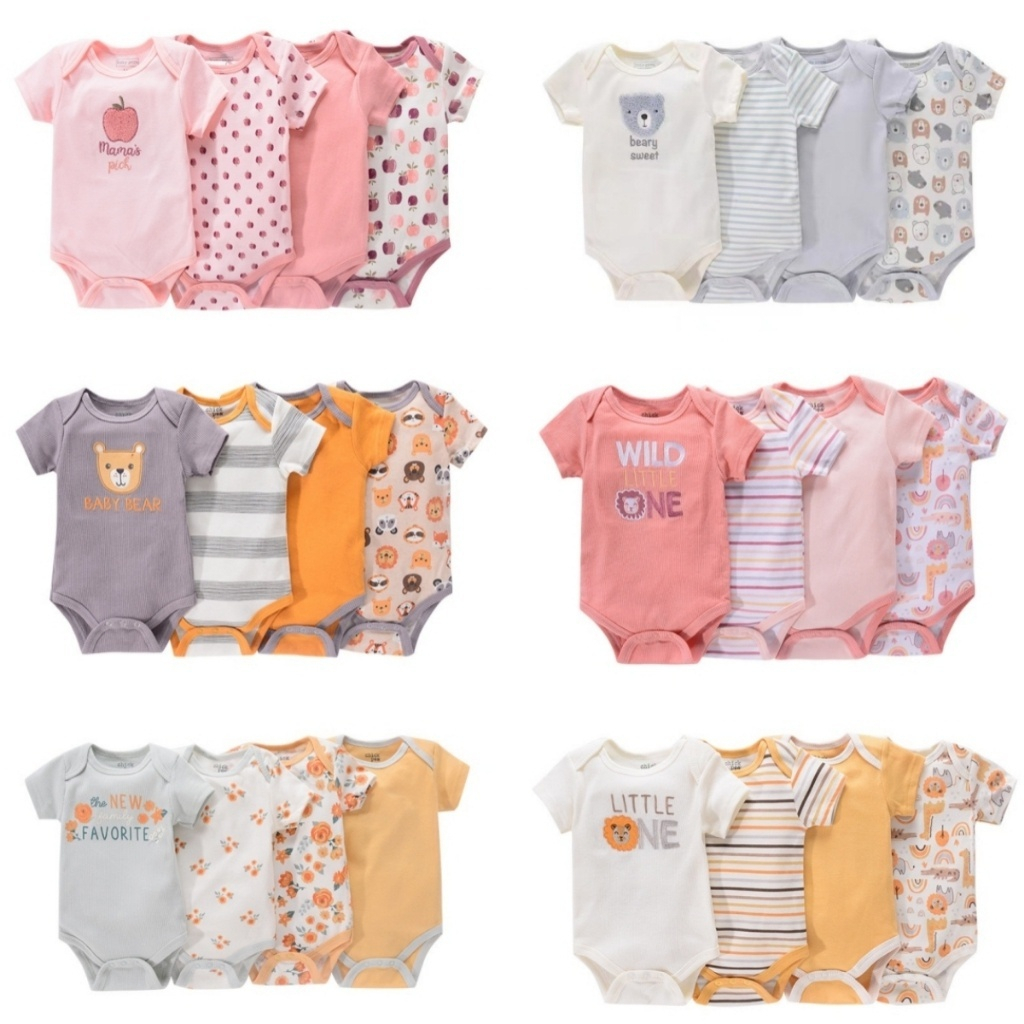 4 Pcs Newborn Baby Bodysuits Short Sleeved Romper 100% Cotton Baby ...