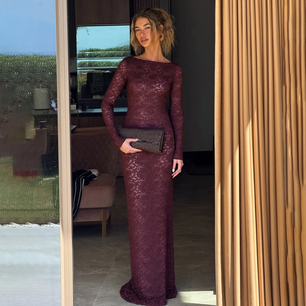 Cutenew See Through Sexy Dress Women Jacquard Long Sleeve Elegant ...