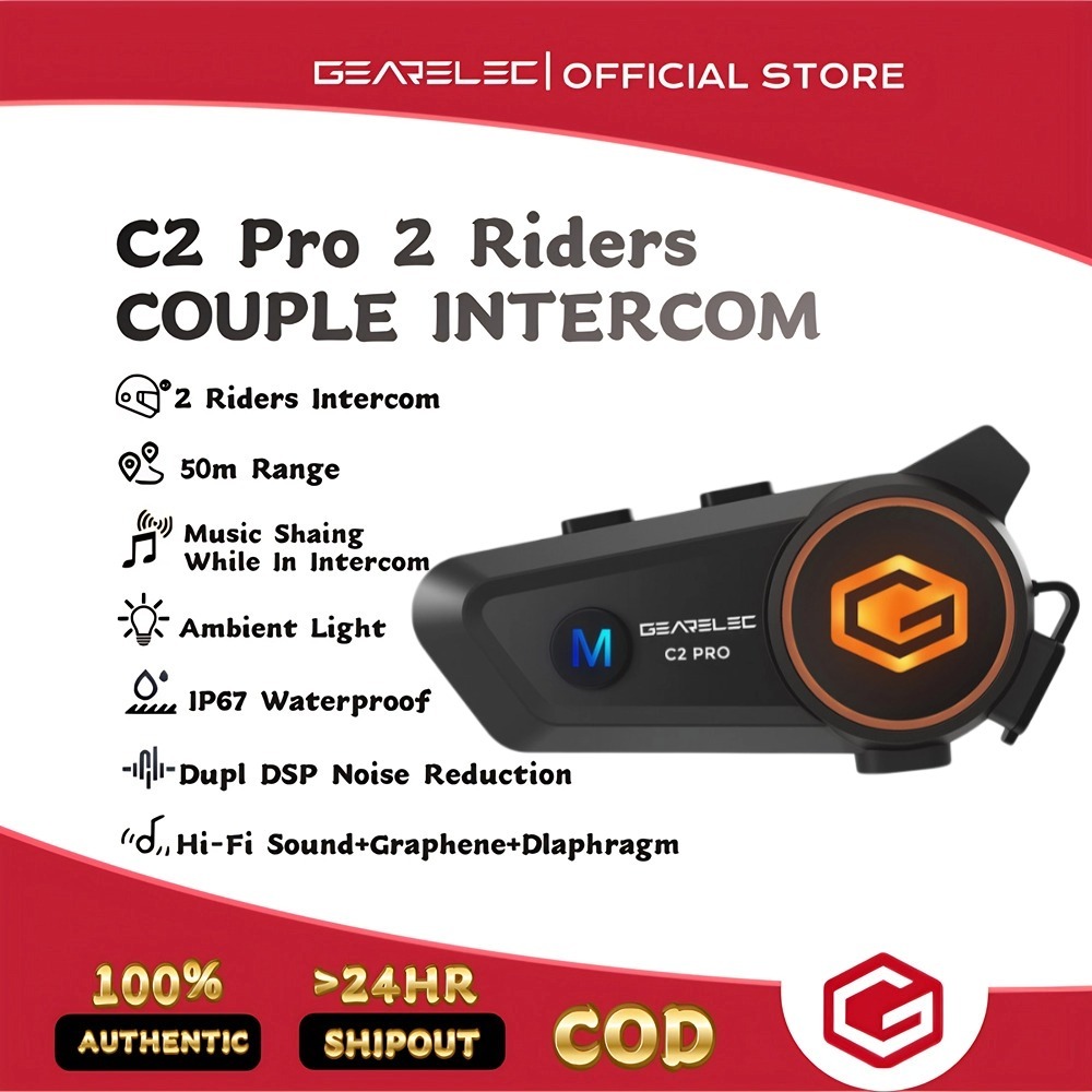 GEARELEC C2 Pro Motocycle Helmet Headset 2 Rider 50m Intercom For Music ...