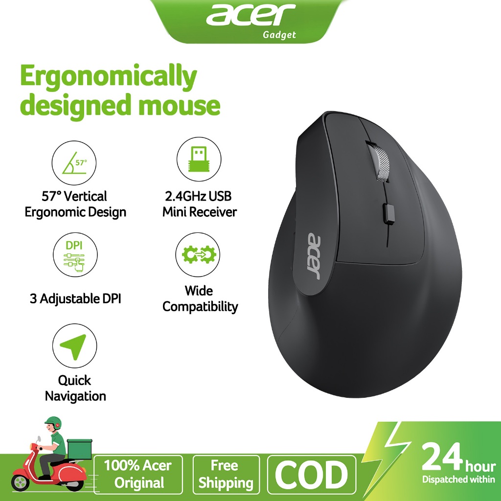 Acer Ergonomic Wireless Mouse, Adjustable DPI Vertical Mouse 1000/1200 ...