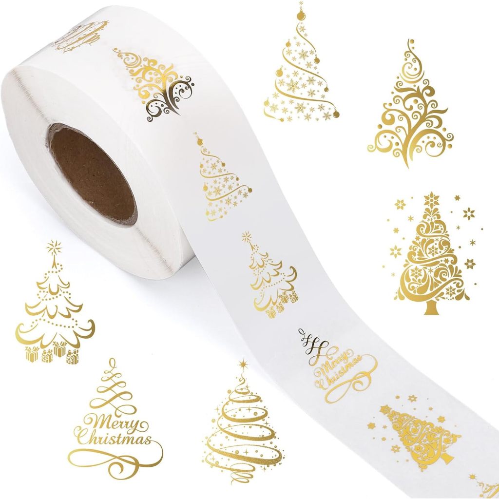 500Pcs Clear Christmas Stickers Roll Gold Foil Xmas Tree Seal Self ...