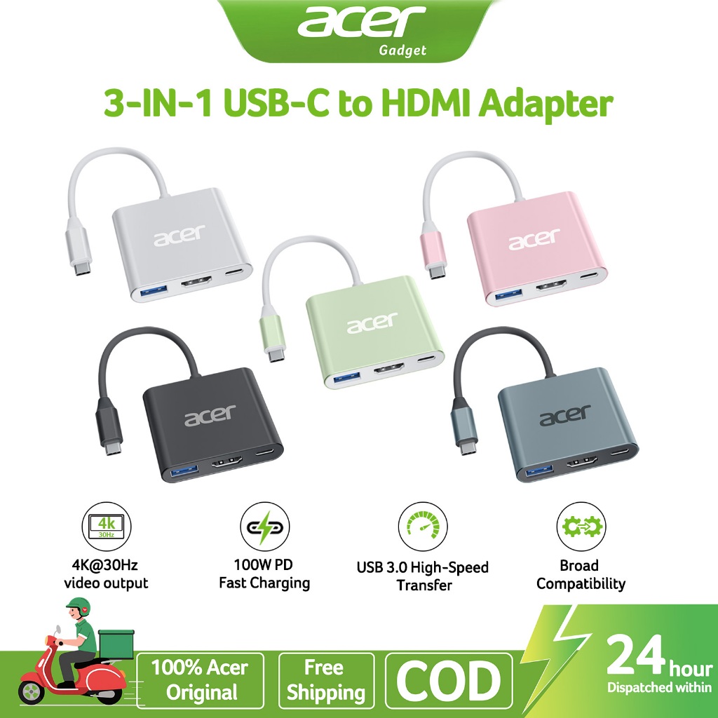 acer 3-in-1 USB C to HDMI Adapter, 4K USB C Hub with 100W PD & USB 3.0 ...