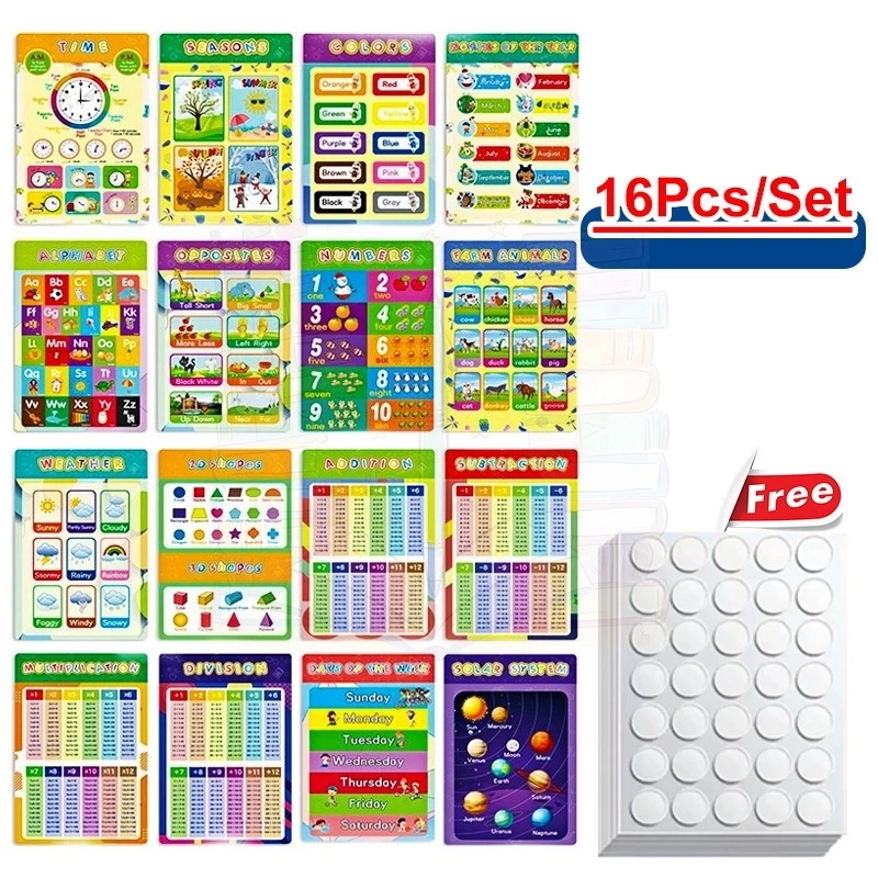 Waterproof 16Pcs Chart For Kid Educational Set Wall Colors Numbers ...