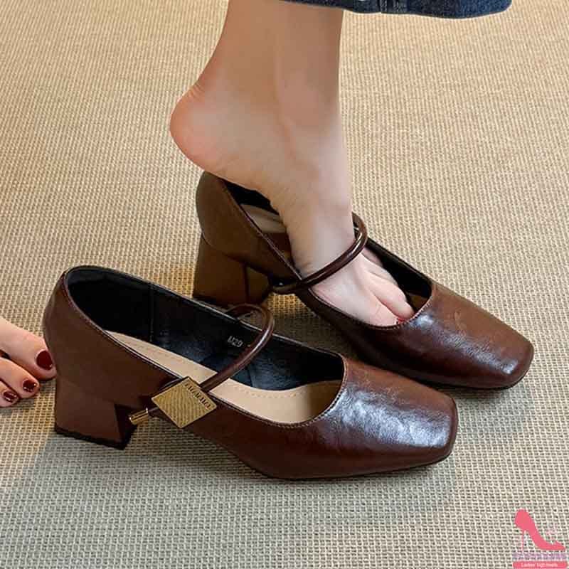 [PY] Mary Jane Leather Shoes with High Heels for Women 2 inch Brown ...