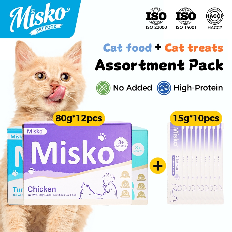 Misko High Protein Cat Wet Food Pouches 12x80g +10 Cat Stick Snacks ...