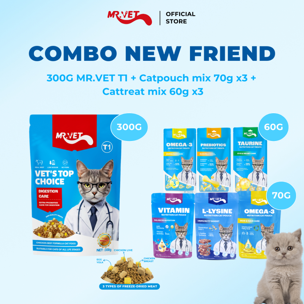 Mr Vet T1 Cat Kibble 300g Remove Hair Ball & 3 pack cattreat + 3 pack ...