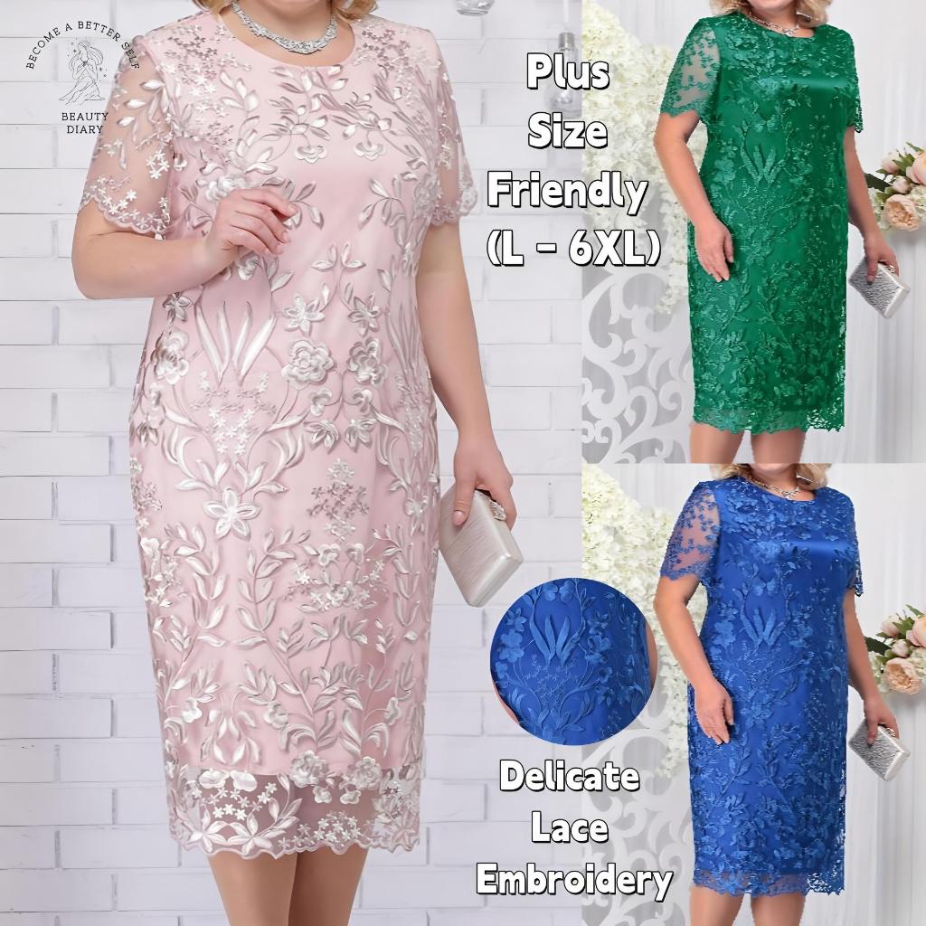 ( L-6XL) Women's Plus Size Elegant Lace Embroidery Midi Dress | Crew ...