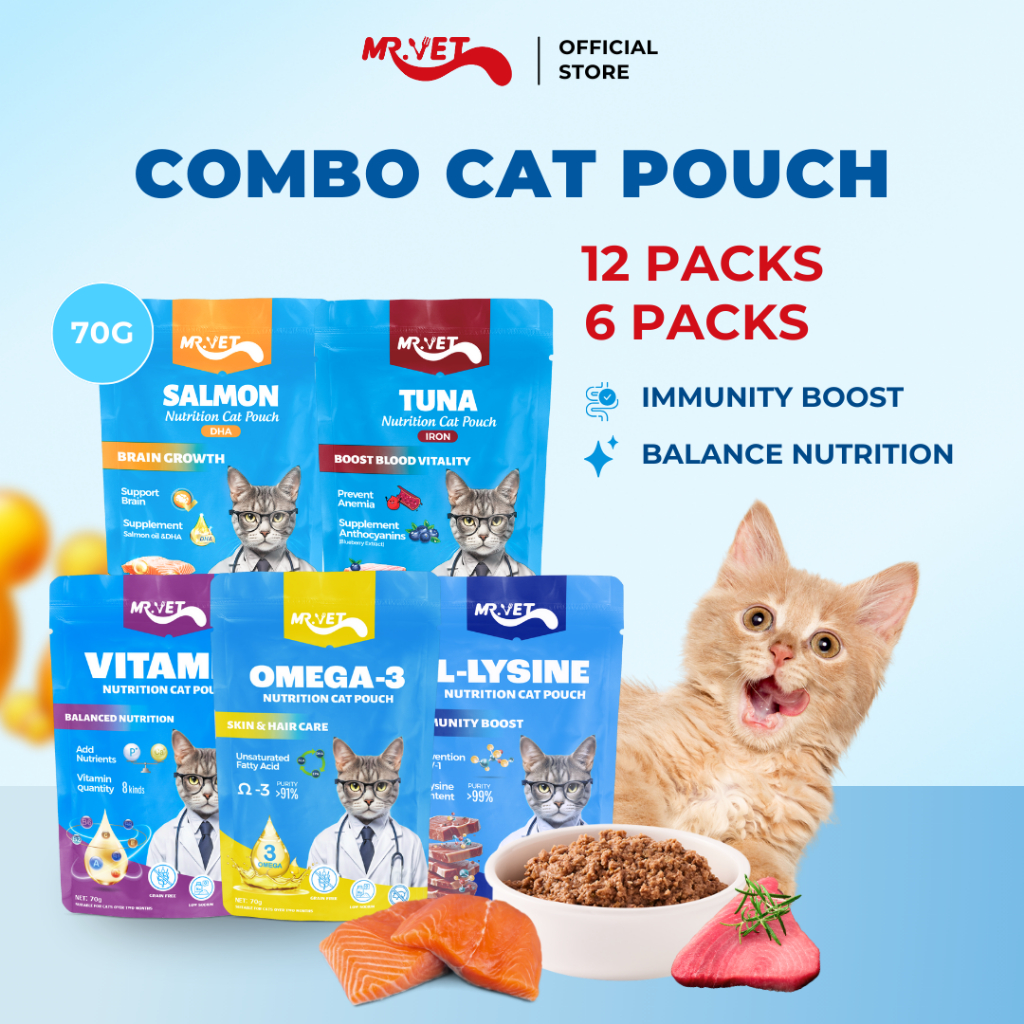 MR.VET Cat Pouch Nutrient-Rich Wet Food for Cats Combo 6&12 , Omega-3 ...