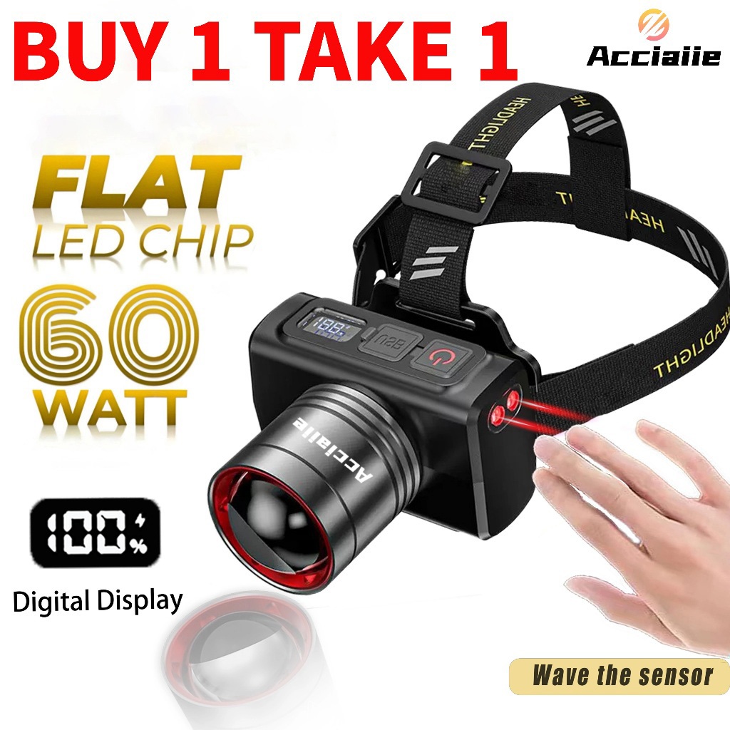 Acciaiie Headlight Flashlight Rechargeable Waterproof Power Display ...