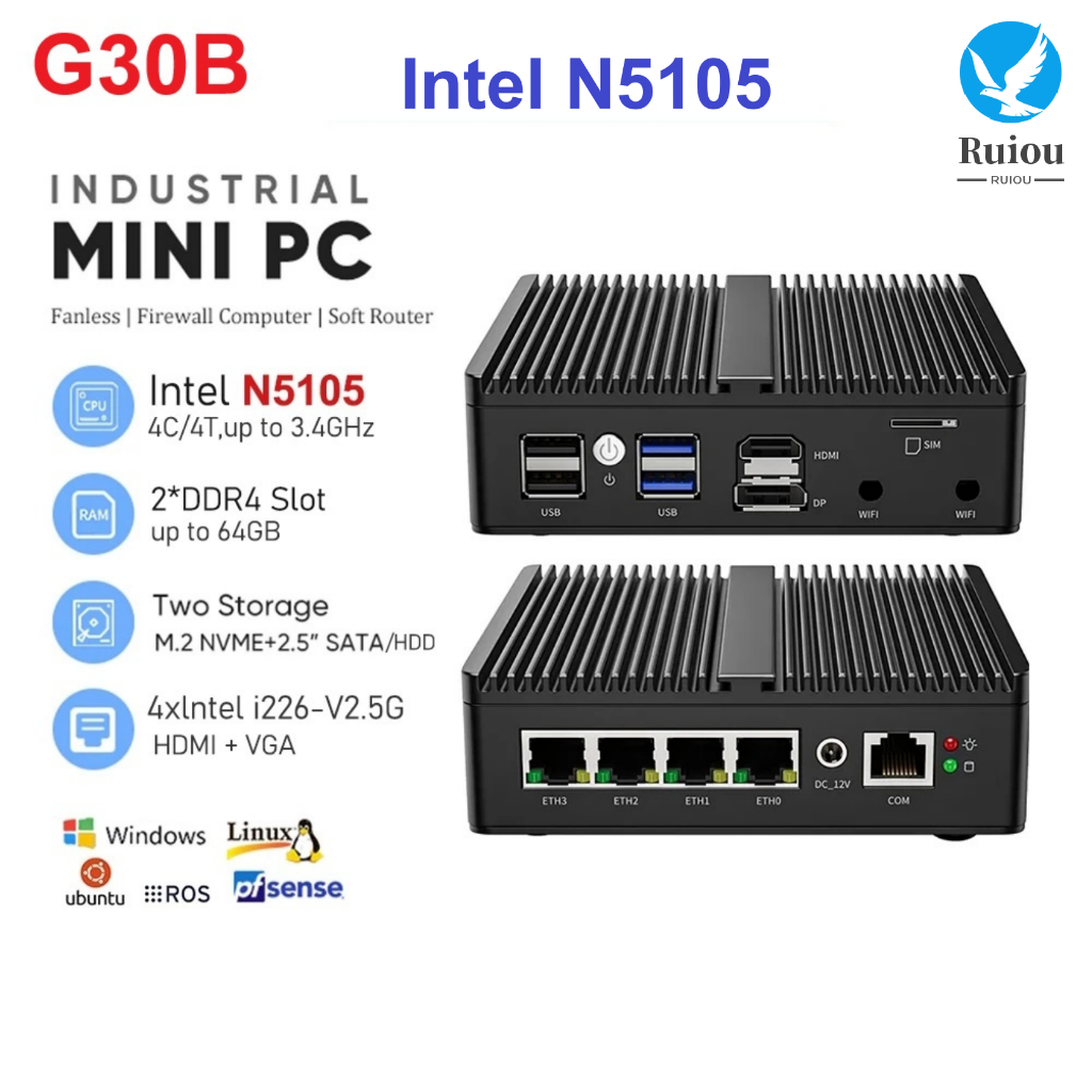 Soft Router G30B Intel Celeron N5105 Fanless Mini PC 4x Intel i225/i226 2.5G LAN DP pfSense ...
