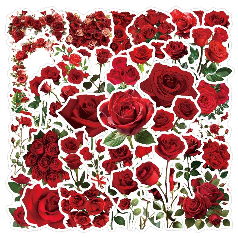 63PCS Romantic Red Rose Flower Stickers Waterproof Valentine's Day ...