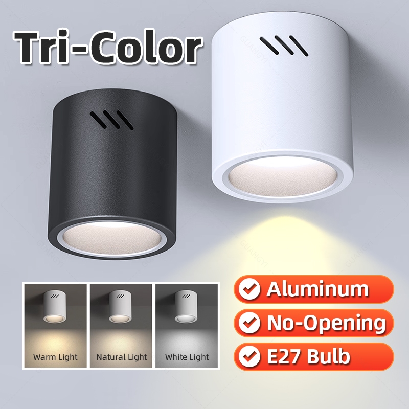 LED Surface Mounted Downlight E27 Replaceable Bulb Tricolor Round ...