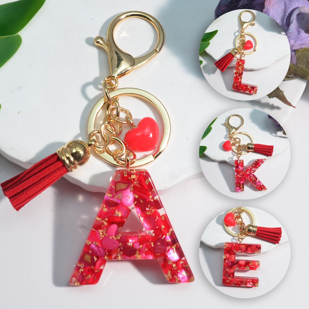 Sparkling red gravel keychain with cute tassels and A-Z letter rings ...