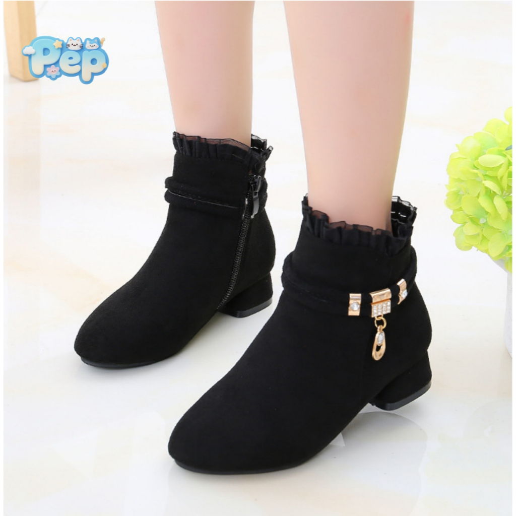 Pep Black Suede Princess Ankle Boots with Heel for Kids New Fashion zip ...