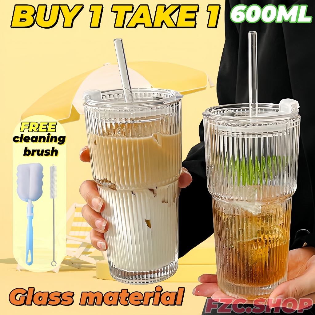 FZC 600ML Stripe Glass Coffee Cup With Lid and Straw Transparent ...