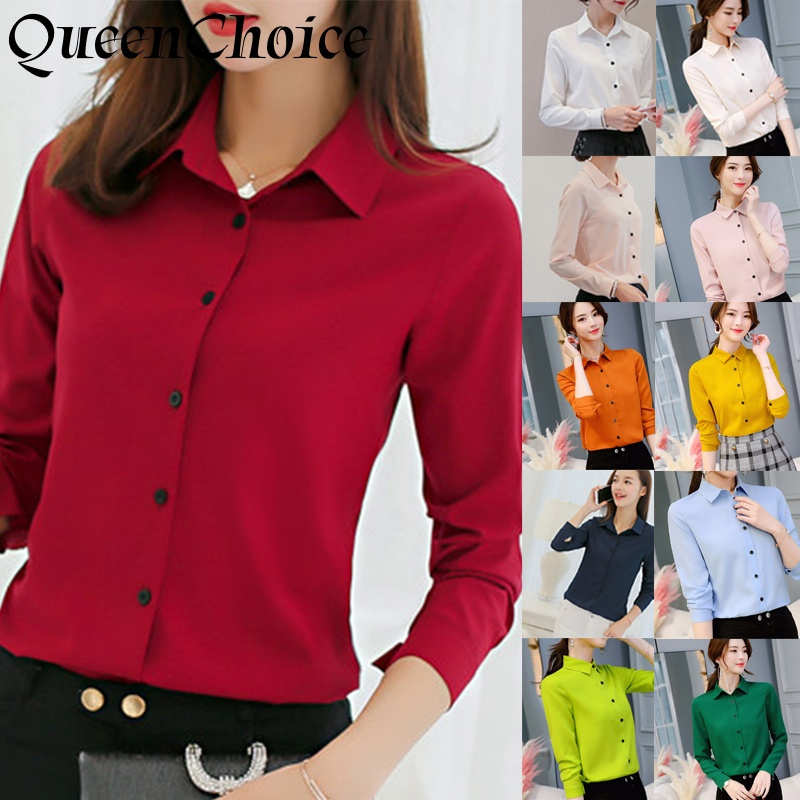 Women Long Sleeve Blouses Female Solid White Tops Office Ladies OL Work ...