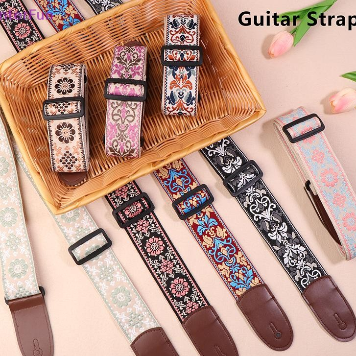 hot Guitar Strap Bass Cotton Leather Embroidery Straps Adjustable Neck ...