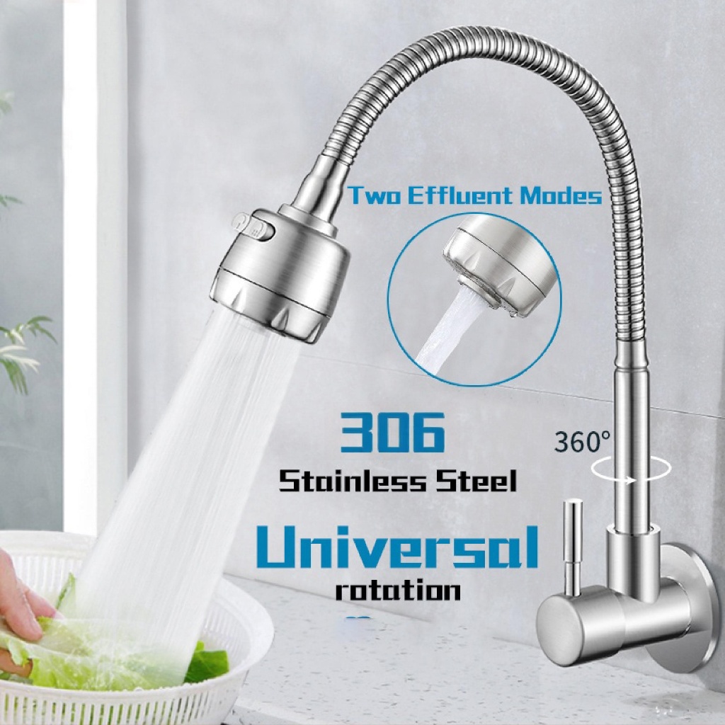 360° Flexible Single Cold Stainless Steel Kitchen Faucet with Sprayer ...
