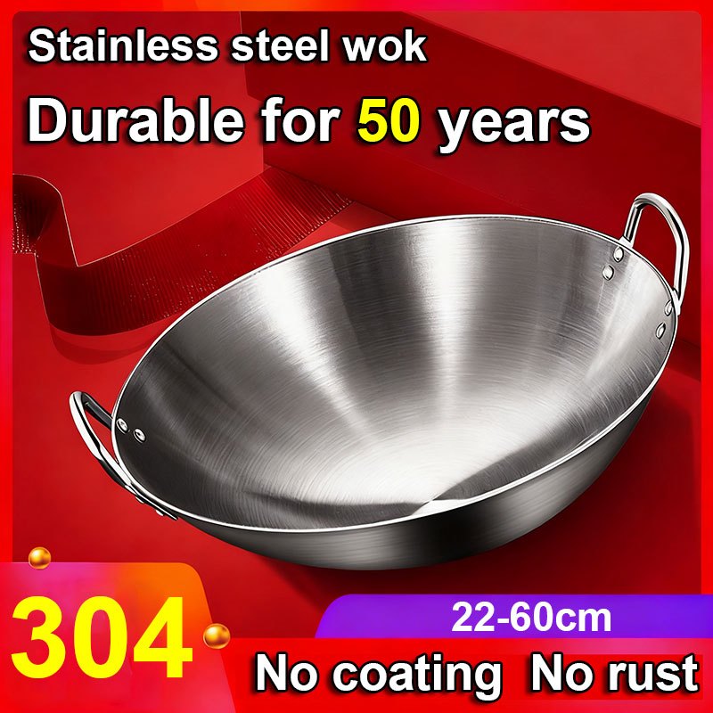 【Big Size】Stainless Steel Wok Raging Fire Stove Frying Pan Double Ear ...